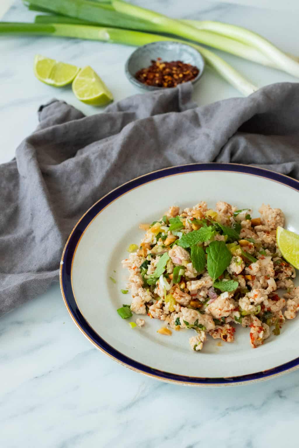 Larb Gai (Spicy Thai Minced Chicken Salad) - always use butter