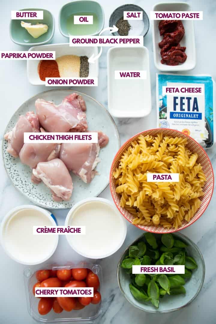 Creamy Chicken Pasta with Feta Cheese & Basil